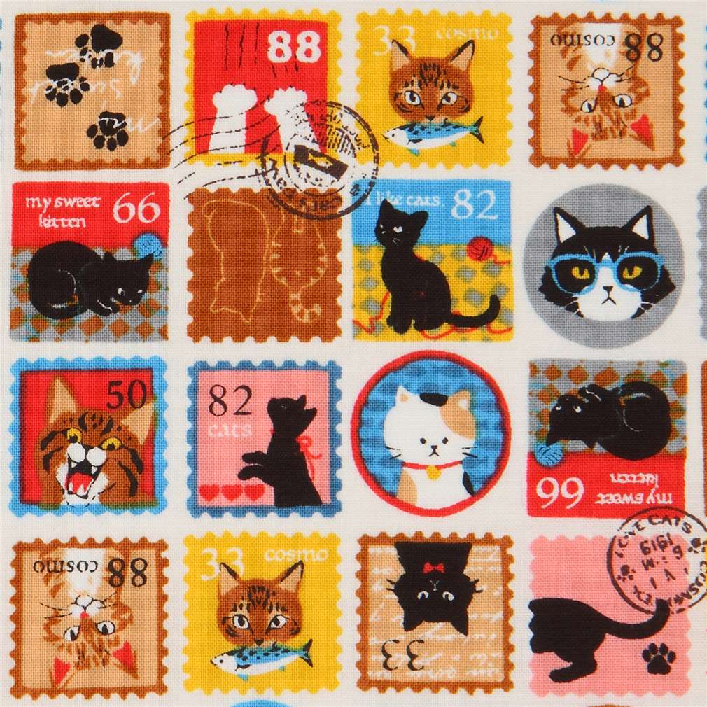 colorful cat stamp fabric by Cosmo Fabric by Cosmo - modes4u