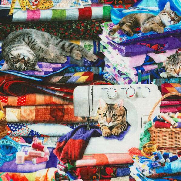 Remnant (44 x 112 cm) - colorful cats and textiles fabric by Timeless ...