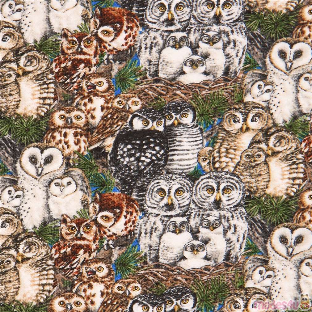 colorful fabric owl bird nest by Elizabeth's Studio Owl Families Fabric ...