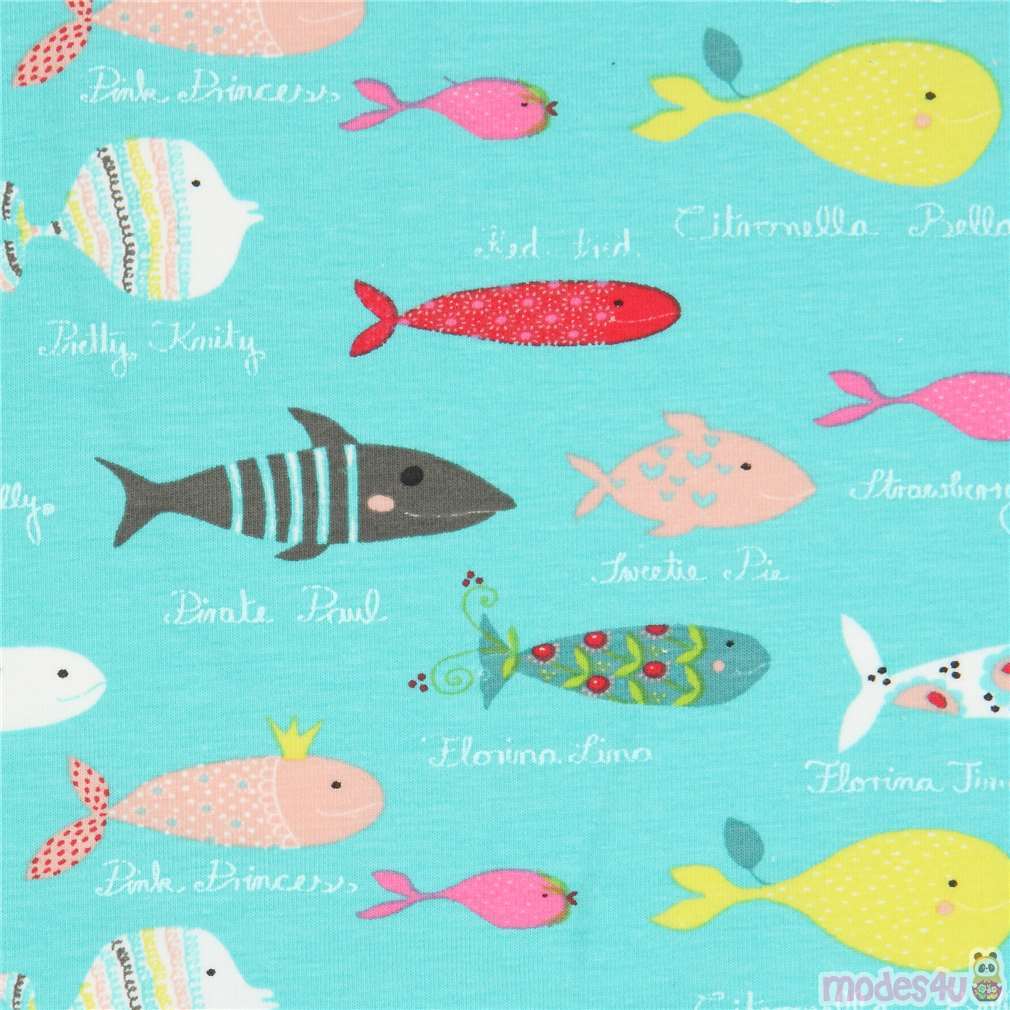 Tela de punto con peces de colores de Stof France en turquesa Fabric by ...