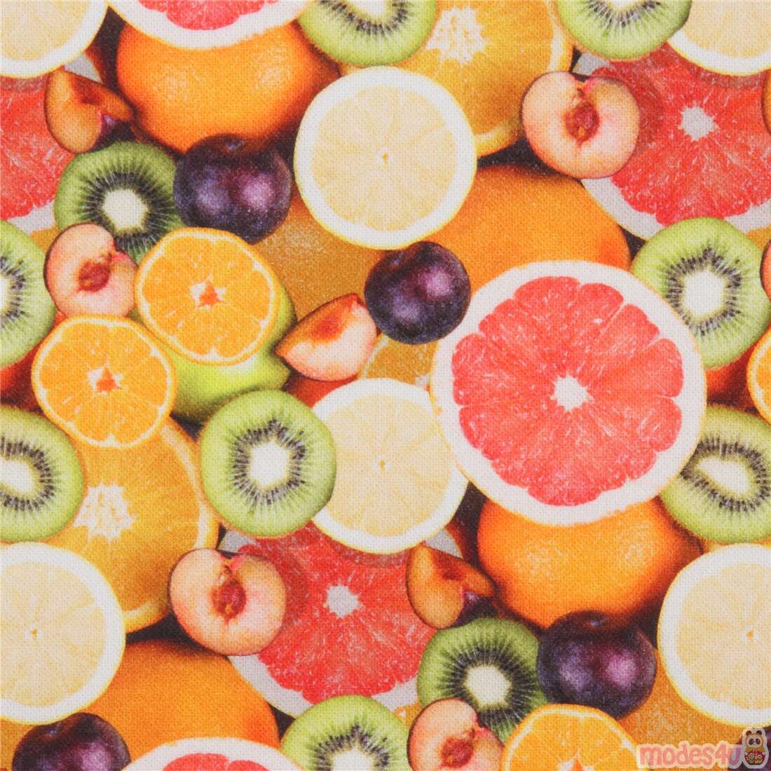 colorful fruit salad woven cotton fabric with oranges and kiwis Fabric ...