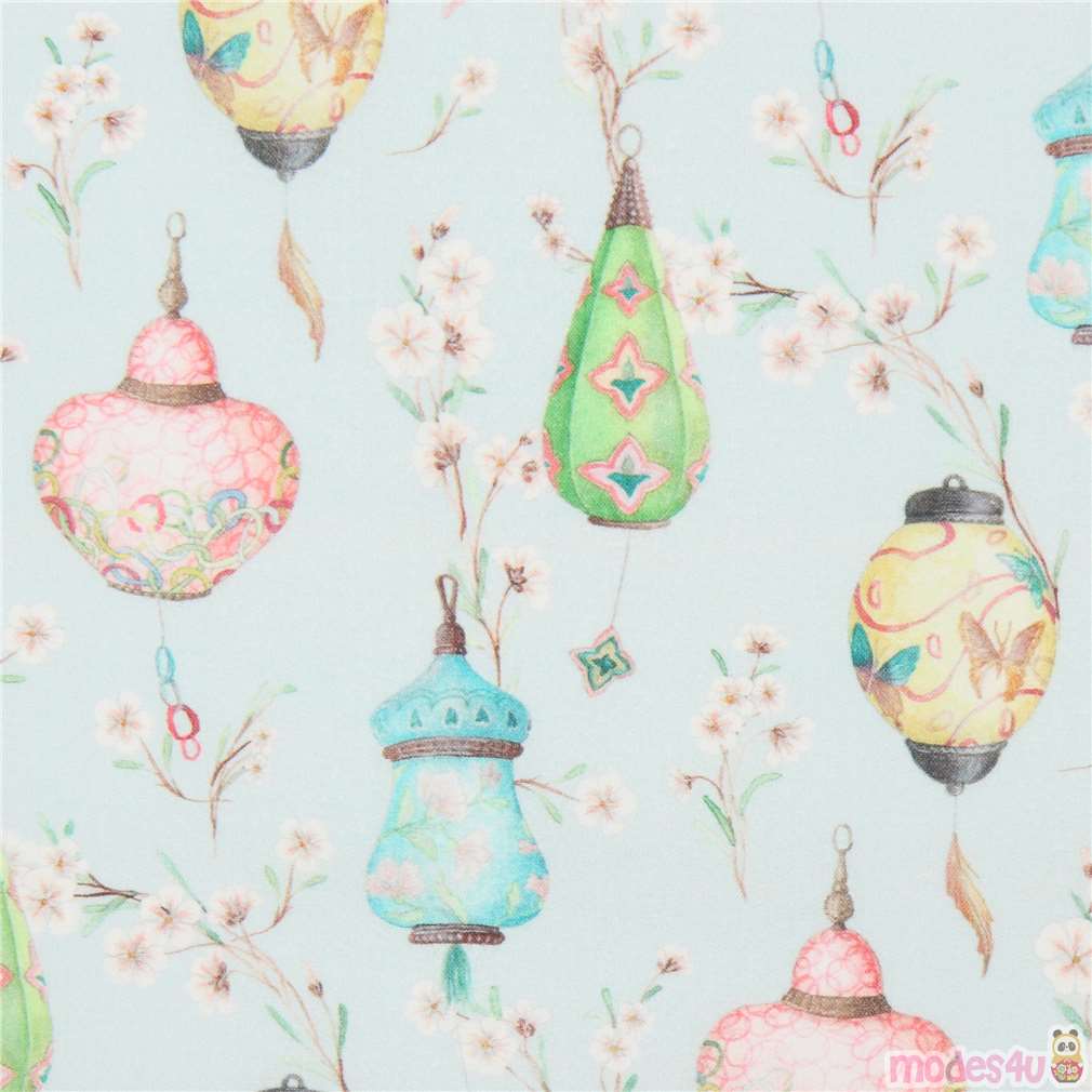 colorful lantern Stof France fabric in light blue Fabric by Japanese ...