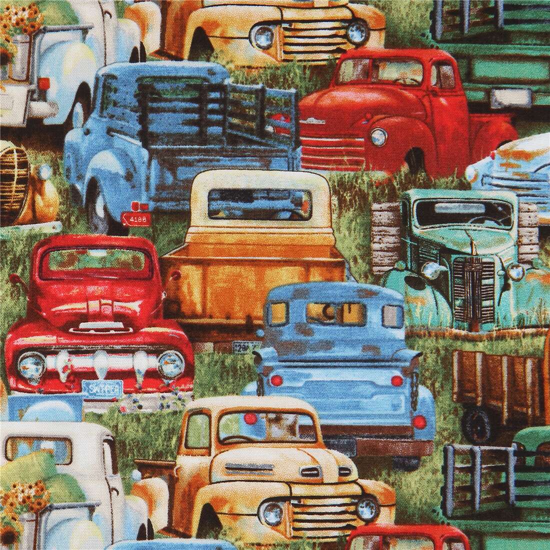Colorful Vintage Rusty Pick up Trucks Floral Fabric by Elizabeth's ...