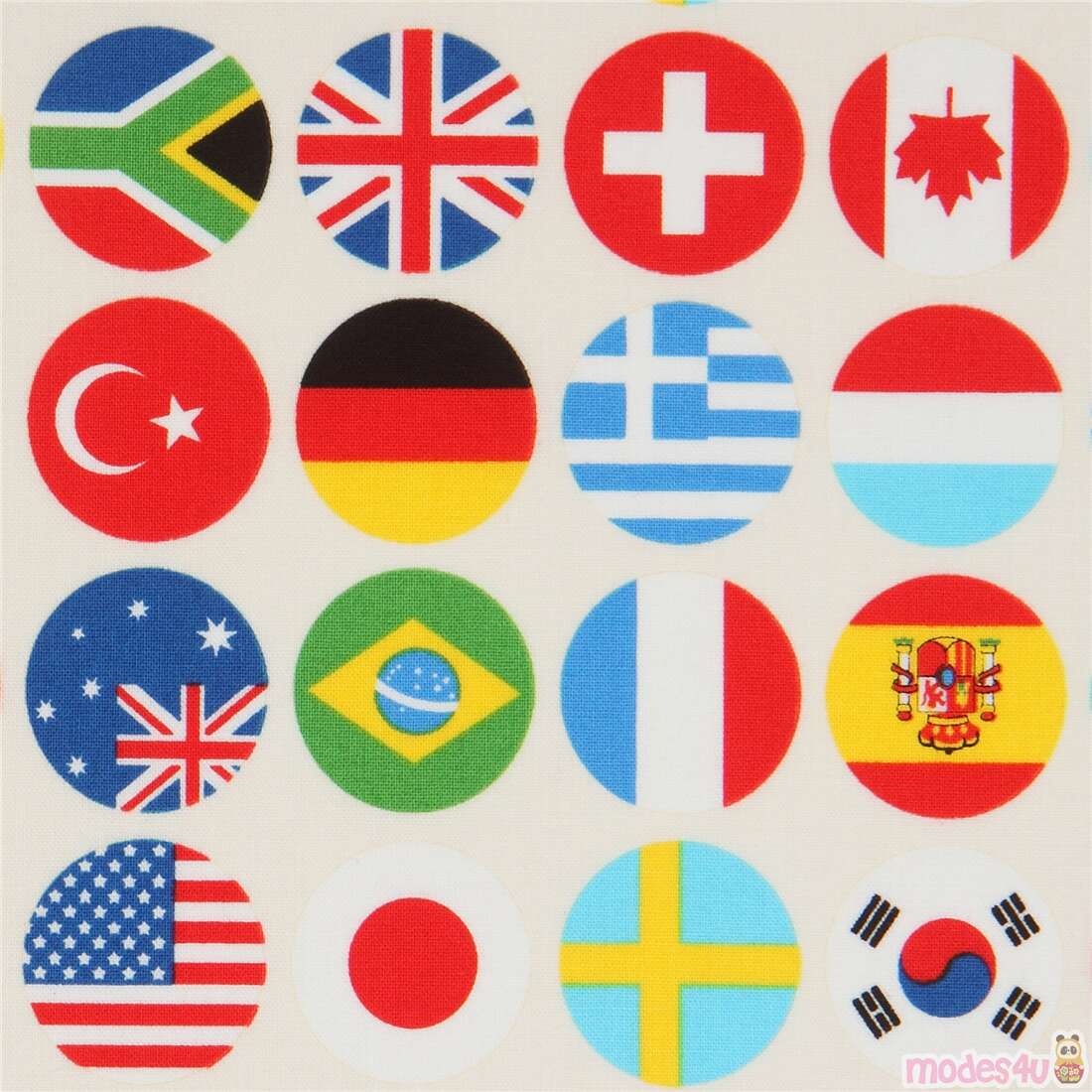 Tela crema laminada con círculos insignia banderas del mundo de colores ...