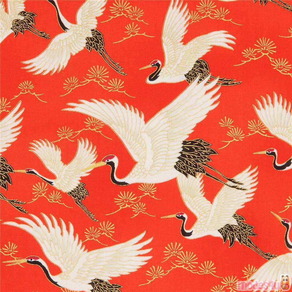 Remnant (36 x 110 cm) - crane embellished fabric by Quilt Gate in red ...