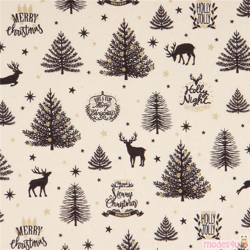 cream Christmas tree and reindeer metallic gold laminate fabric by ...
