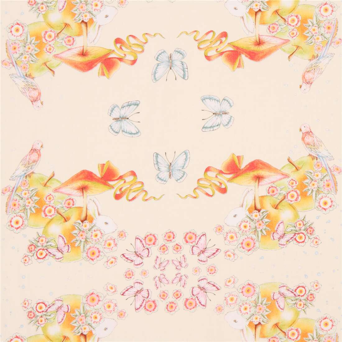 cream Kokka fabric colorful butterfly rabbit flower Fabric by Kokka ...
