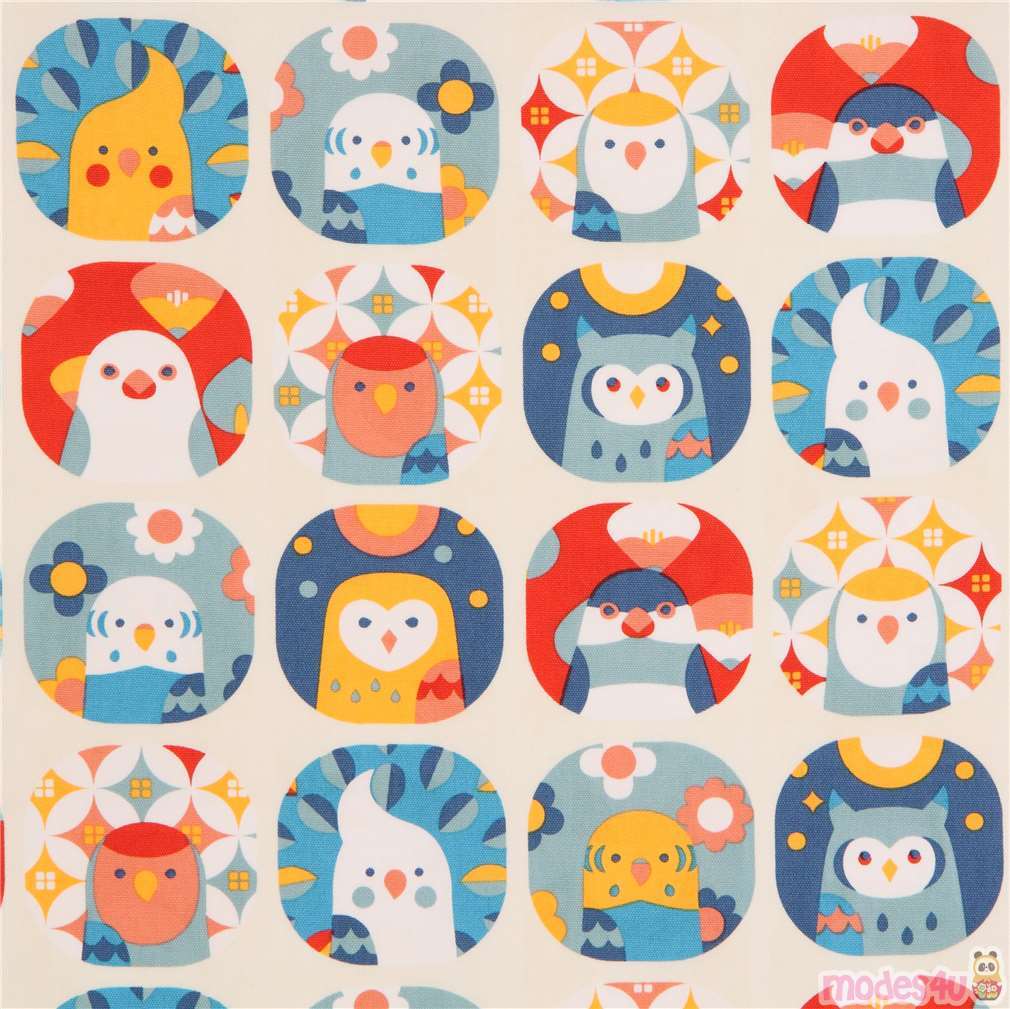 cream cute colorful bird square with curved corner fabric from Japan ...