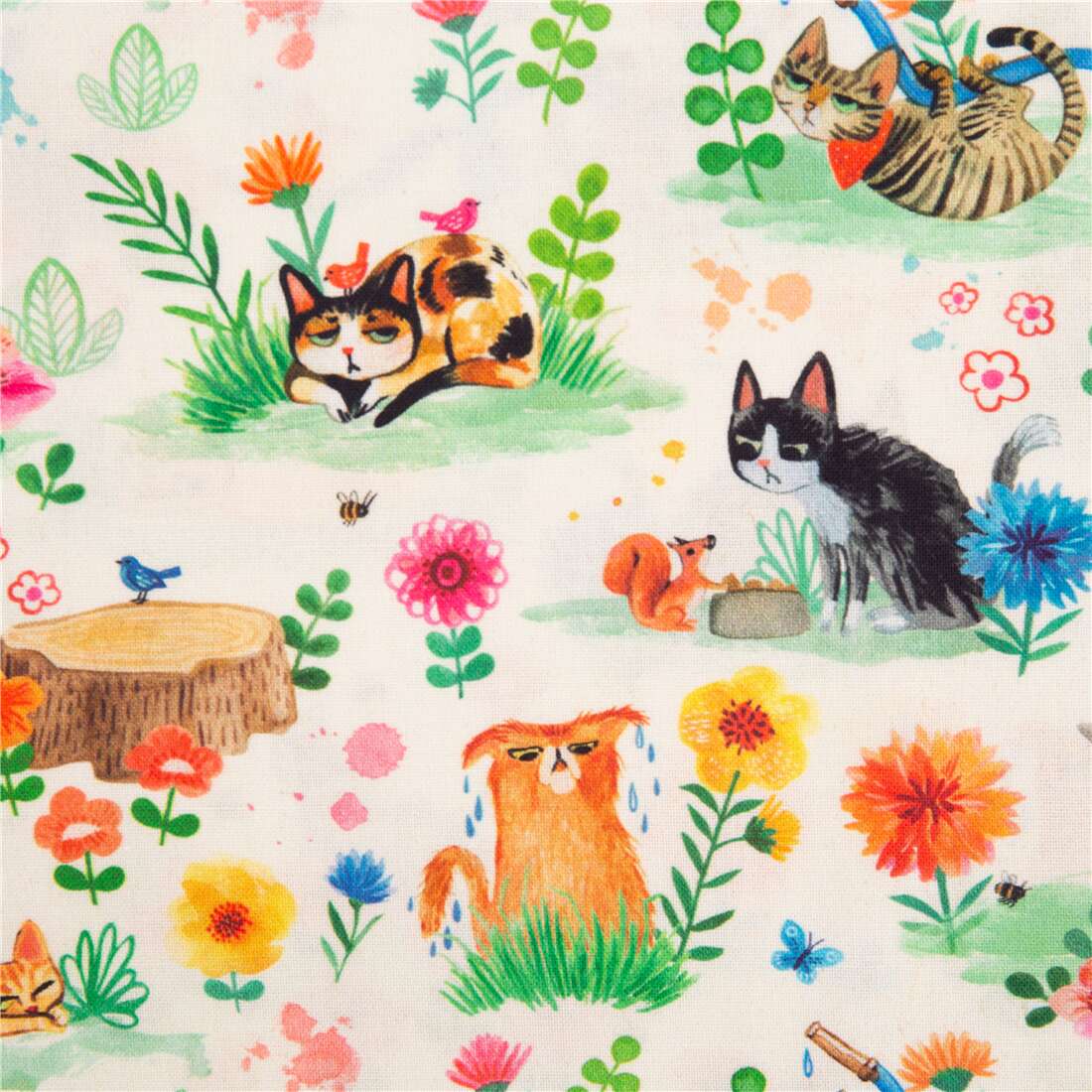 cream fabric with colorful cat garden by Dear Stella Fabric by Timeless ...