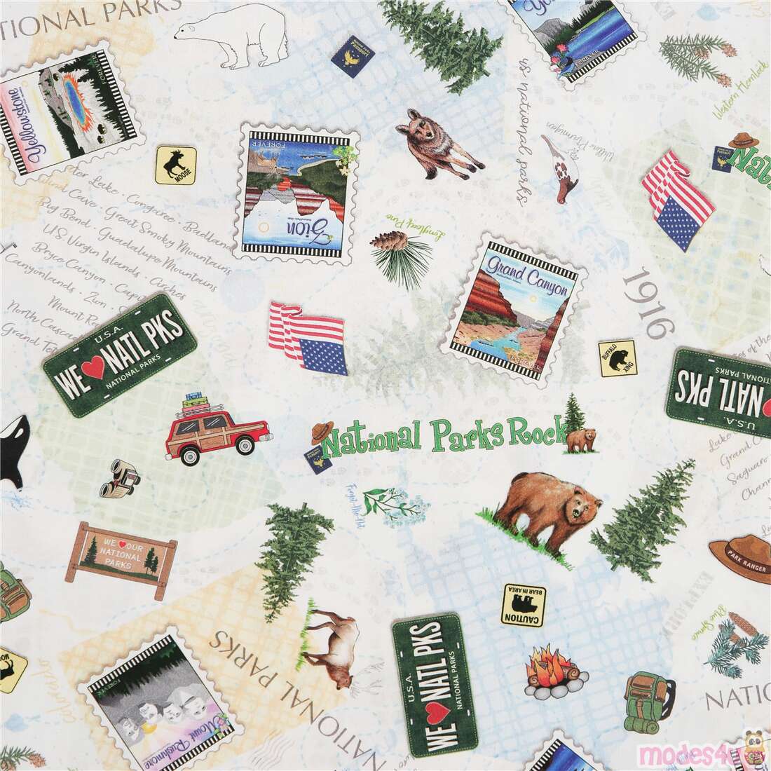cream green USA National Parks signs fabric by Timeless Treasures ...