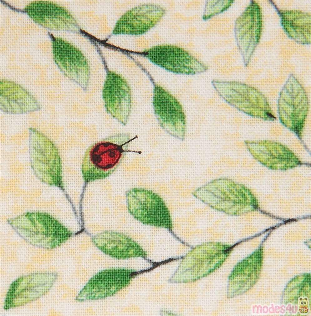 Remnant 26 cm - cream pale yellow fabric with leaf ladybird insect ...