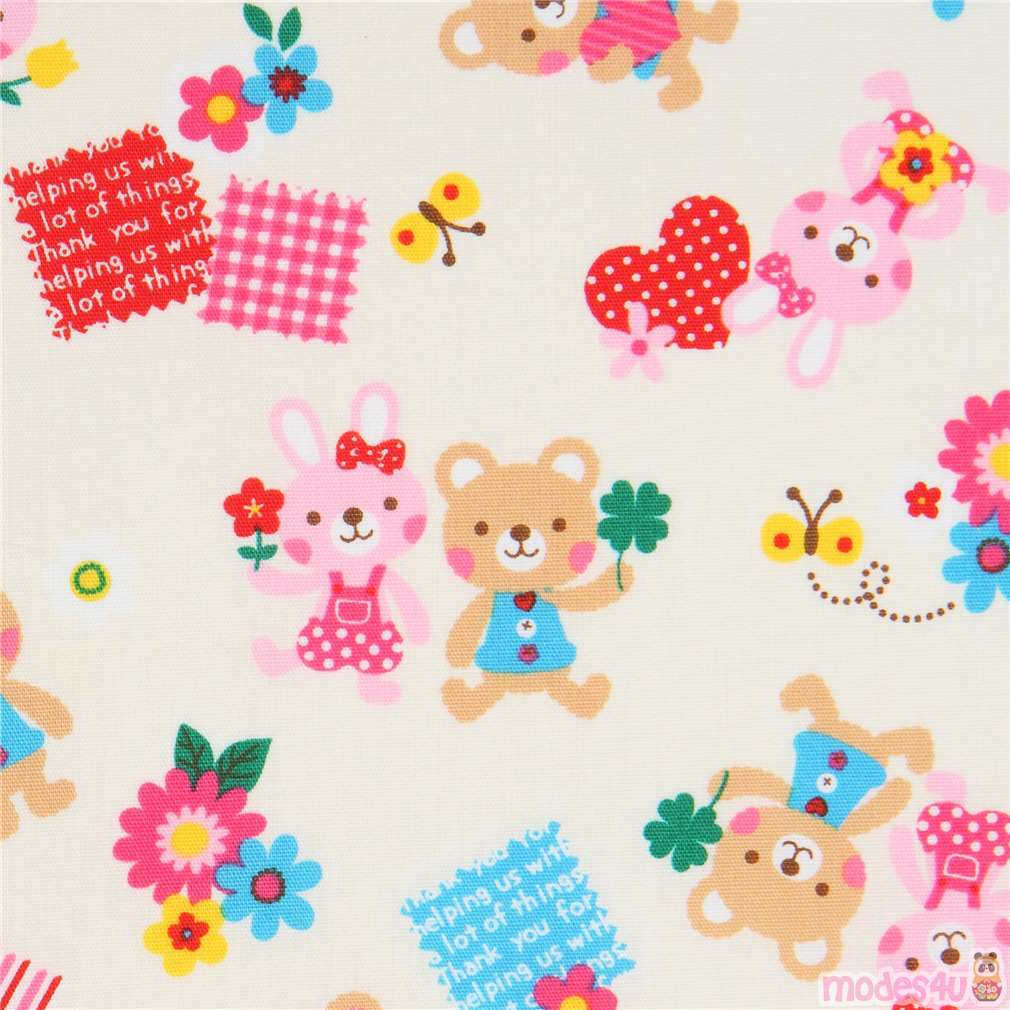 Fat Quarter (50 x 55 cm) - cream with bear bunny rabbit animal flower ...