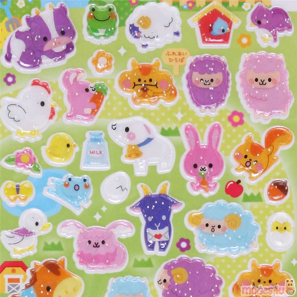 cute hard 3D glitter stickers with colorful pig sheep rabbit Japan ...