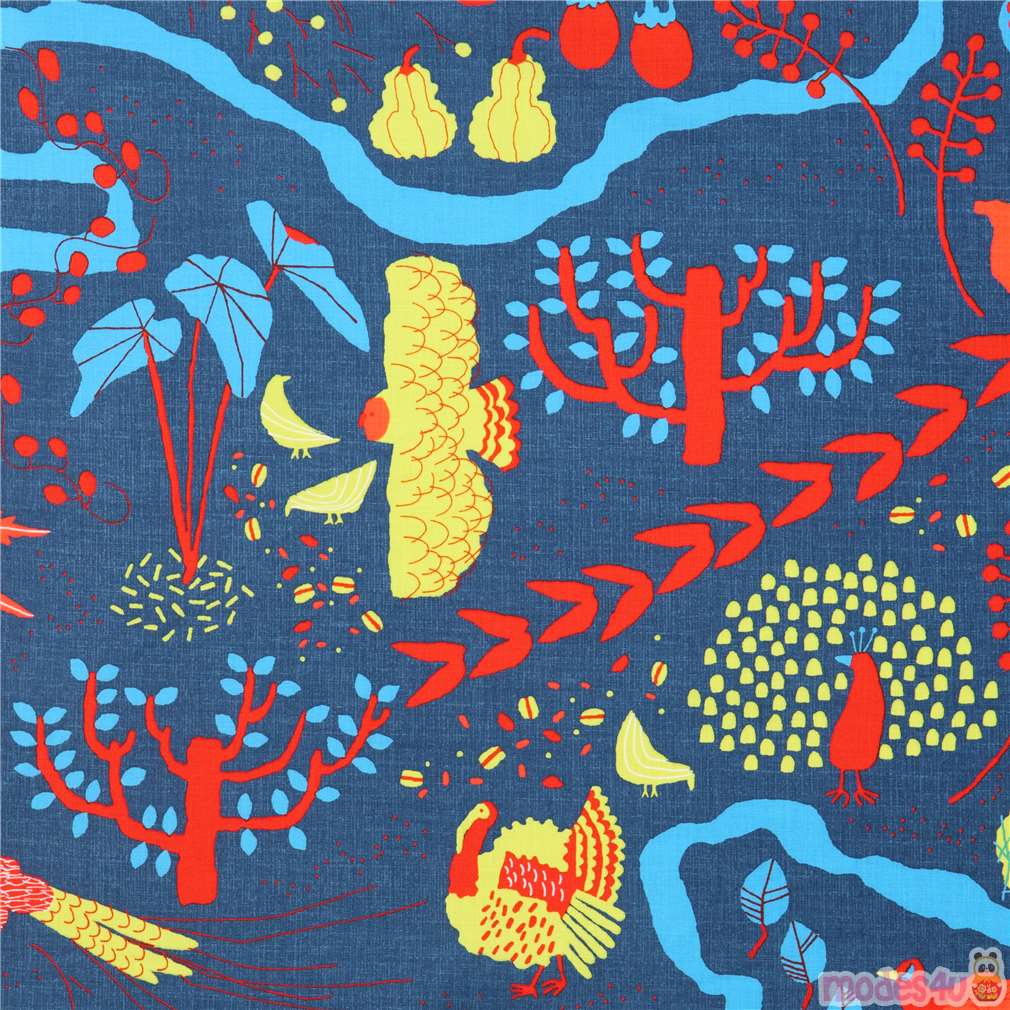 dark blue Canvas fabric colorful bird tree leaf Kokka Japan Fabric by ...