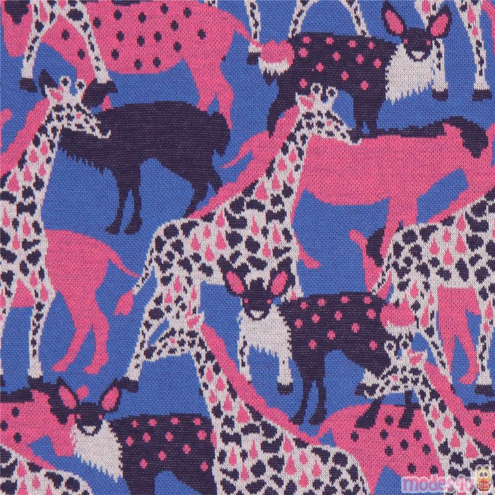 dark blue Jacquard knit fabric pink grey deer giraffe animal Japan ...