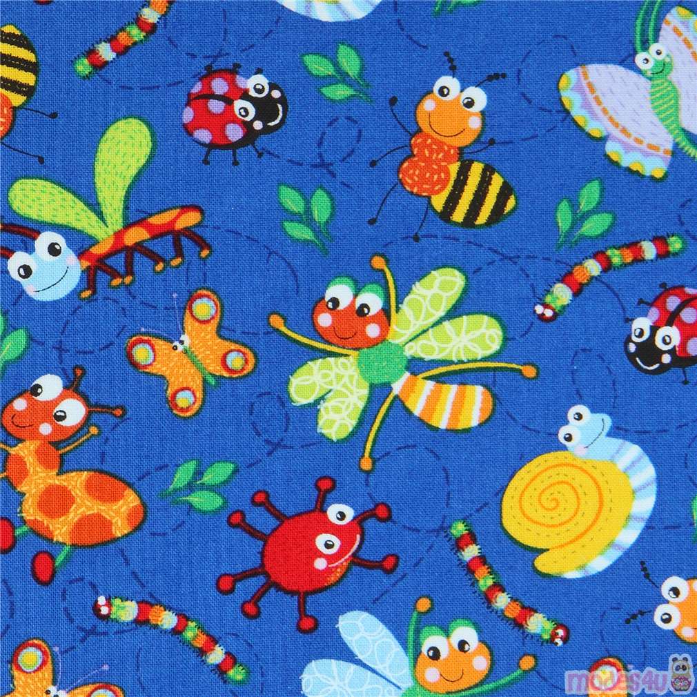 dark blue Timeless Treasures fabric with colorful bugs Fabric by ...