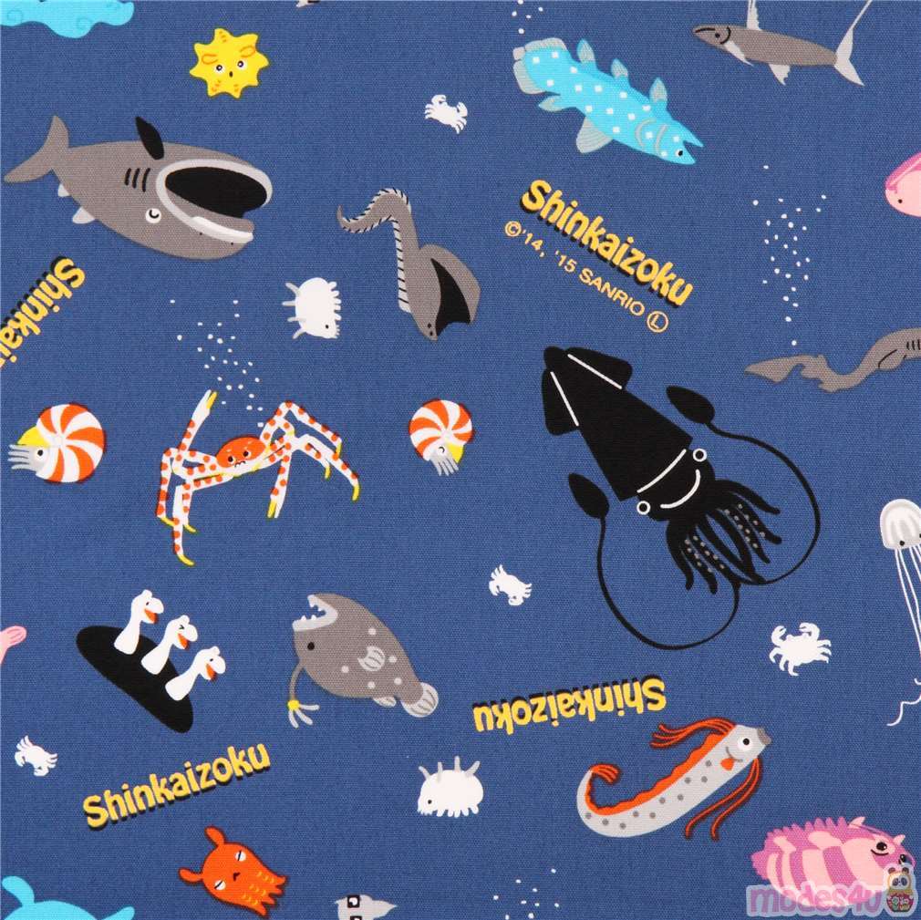 Remnant (36 x 109 cm) - dark blue sea creatures Sanrio oxford fabric ...
