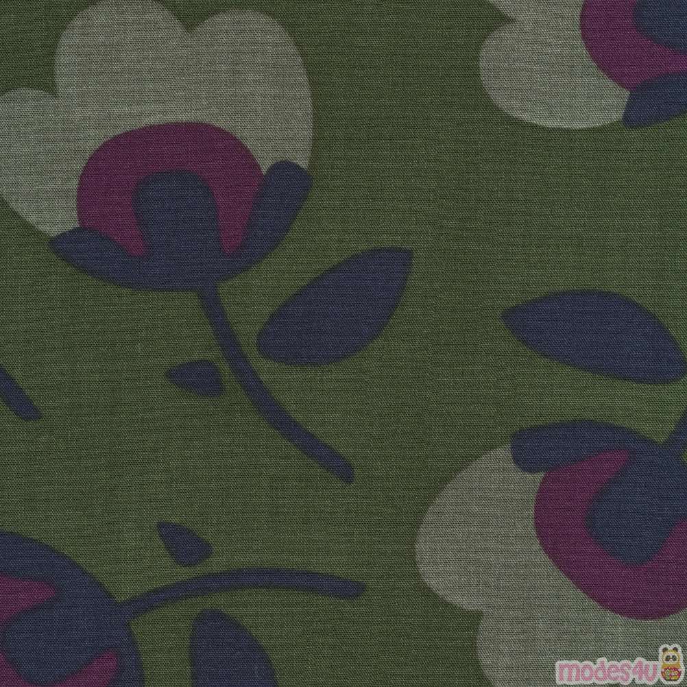 Tela de rayón en verde oscuro caqui con flores de Cloud 9 Fabric by ...