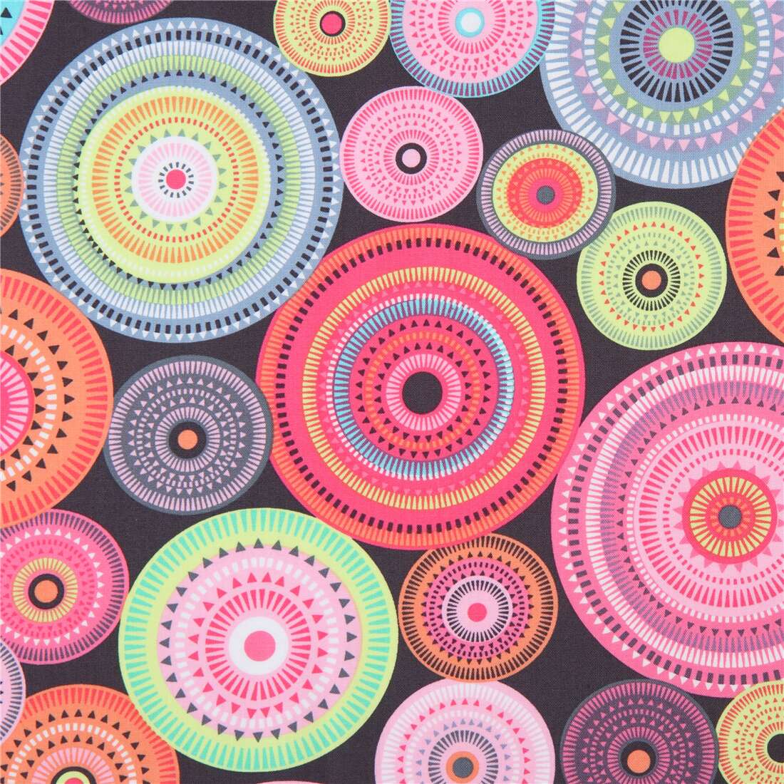 dark grey Michael Miller fabric colorful circle pattern Little Aurora ...