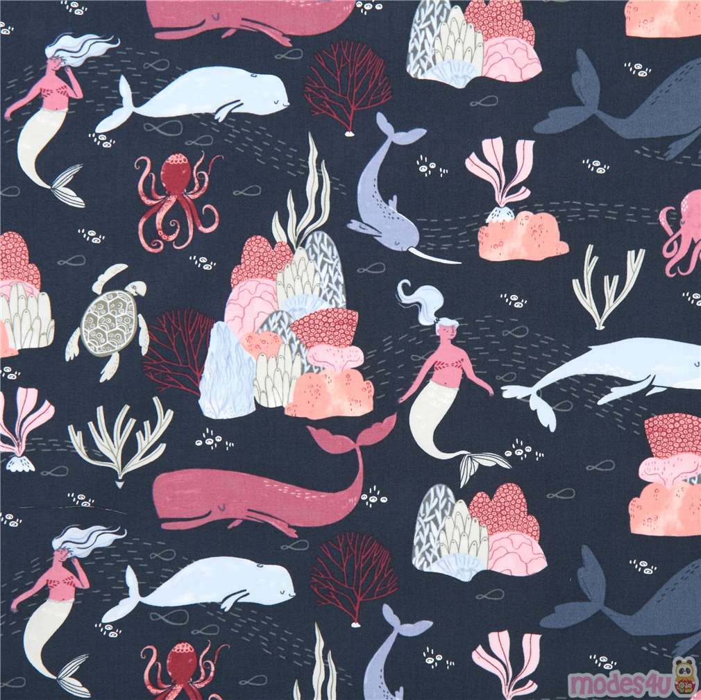 dark grey-blue fabric cute mermaid whale sea by Dear Stella USA Fabric ...