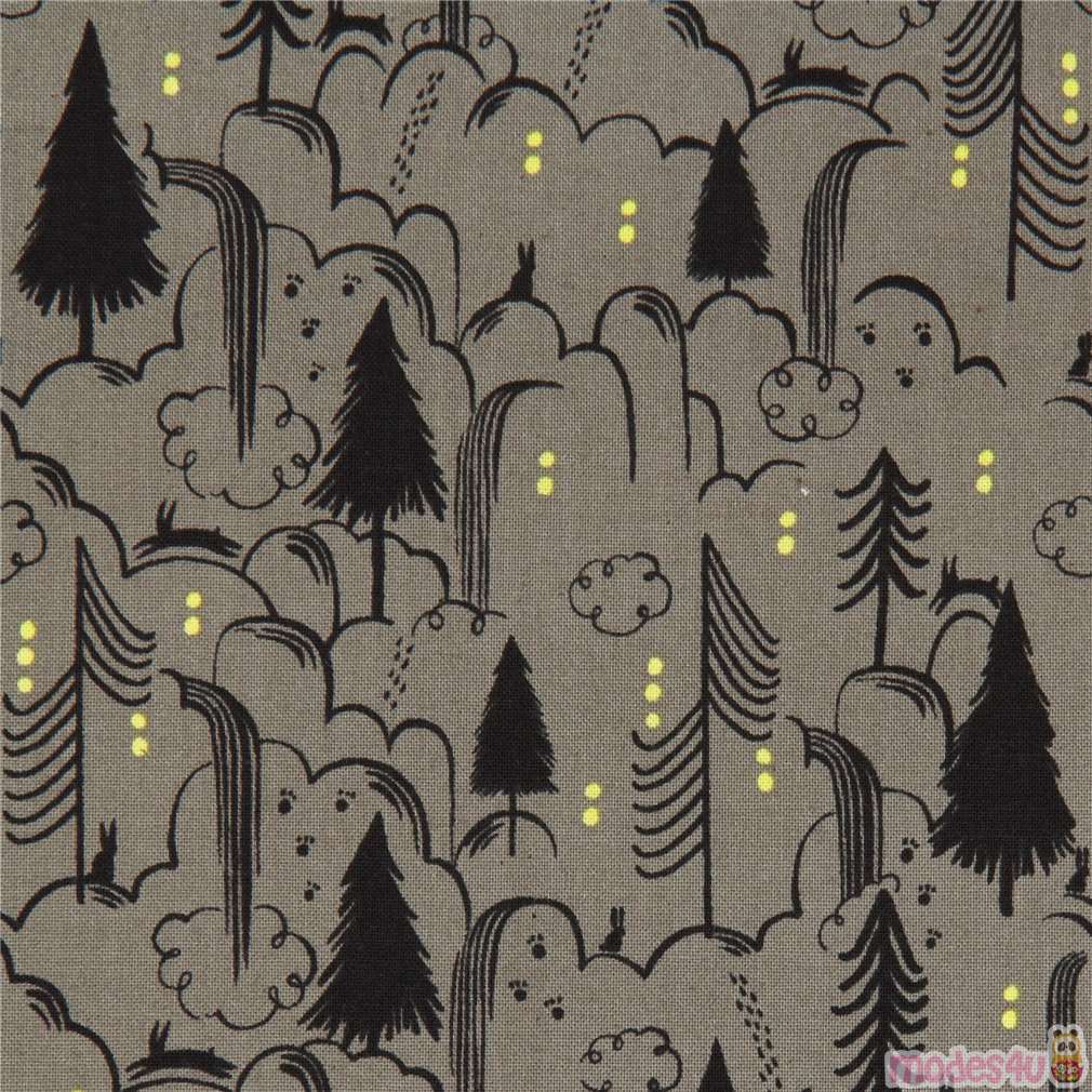 dark grey-green with tree tiny rabbit fabric by Cotton and Steel Fabric ...