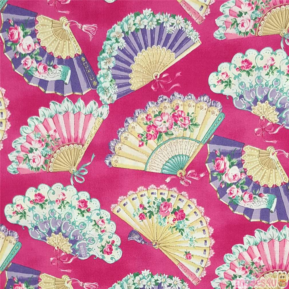 dark pink vintage Quilt Gate fabric with colorful fans Fabric by Cosmo ...
