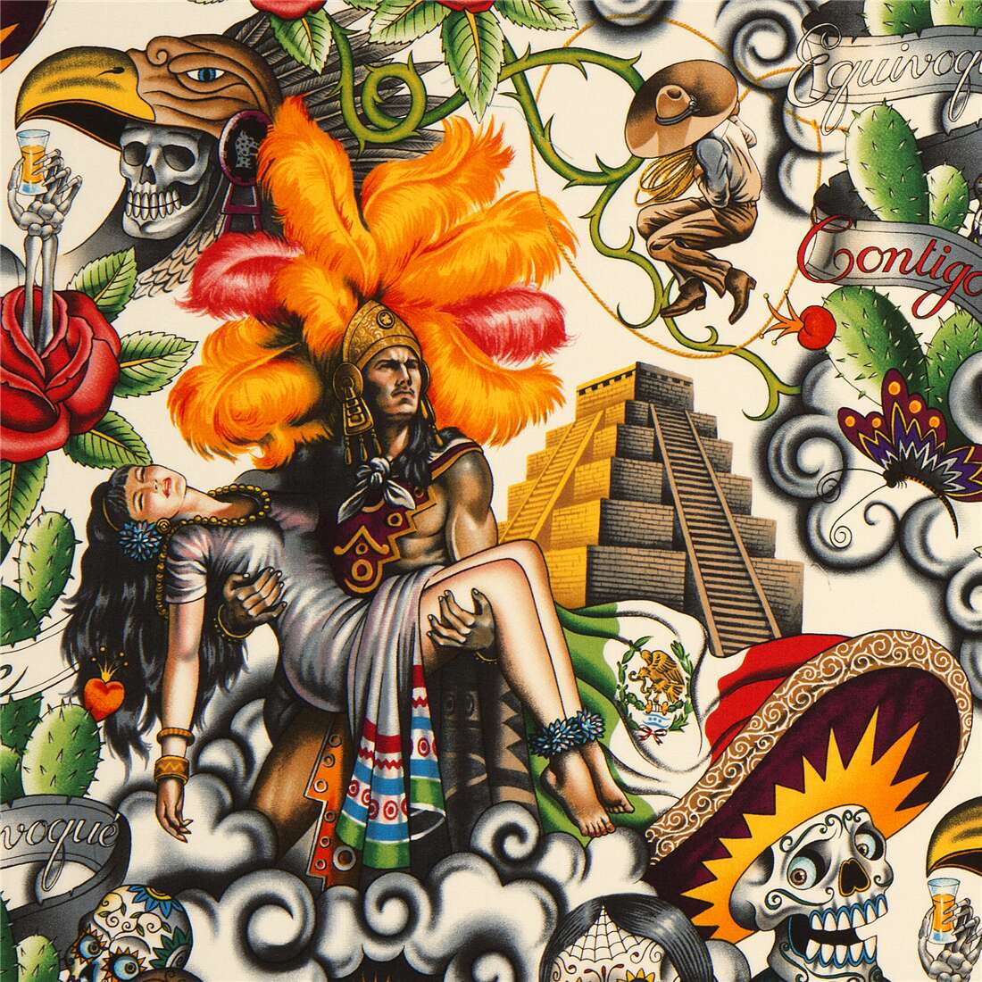 Bright Folklorico Contigo Aztec Couple Sugar Skulls Fabric by Alexander ...