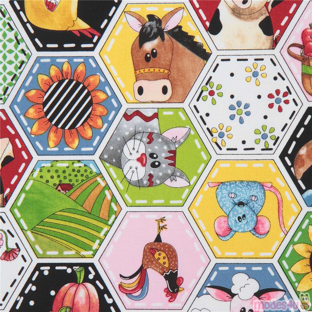fabric with colorful hexagon farm animal pig cow sheep Quilting ...
