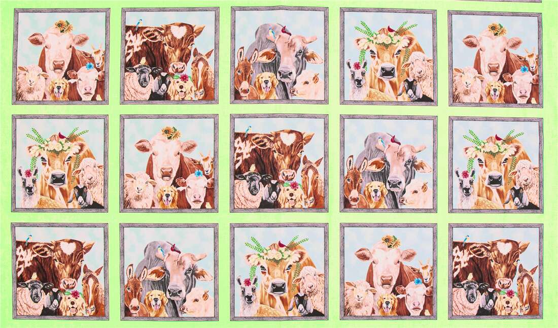 Tela verde con paneles de animales de granja corona de flores Fabric by ...