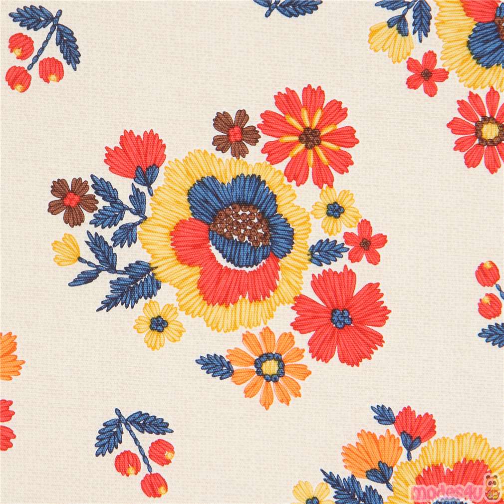 flower yellow red oxford natural color fabric by Kokka Fabric by Kokka ...
