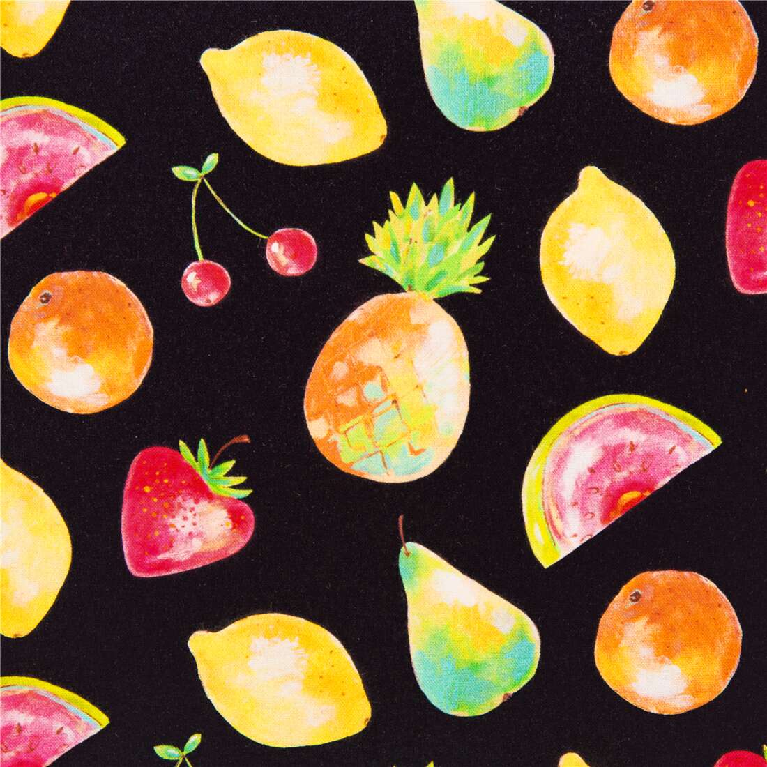 fruits tumbling Michael Miller black cotton fabric colorful pattern ...