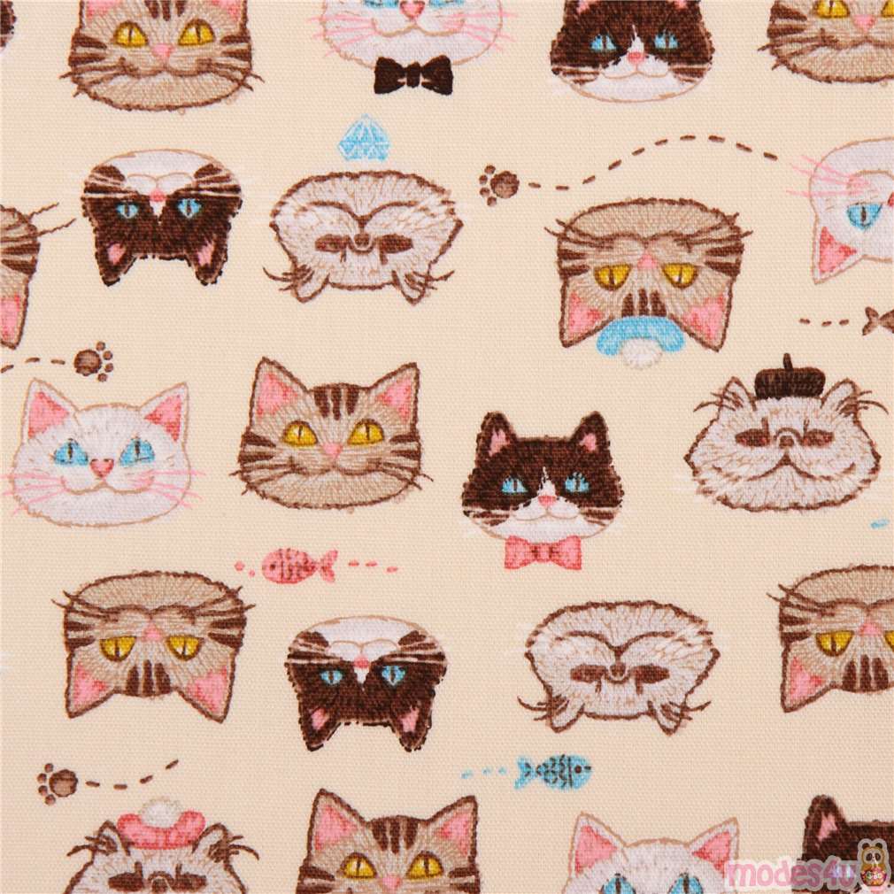 funny cream cat face fish oxford fabric by Kokka Fabric by Kokka - modes4u