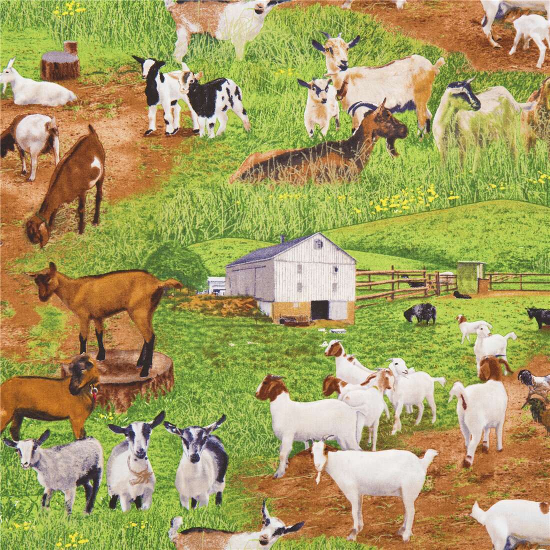 goats in the grass farm cotton fabric with livestock grass and dirt ...