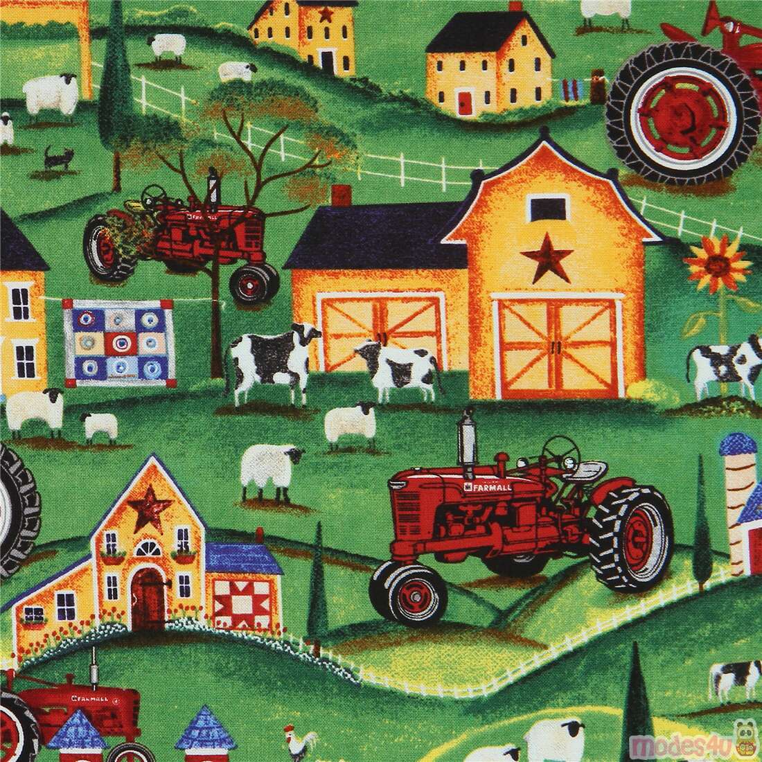 green farm animal fabric with tractors and cows Fabric by Japanese ...