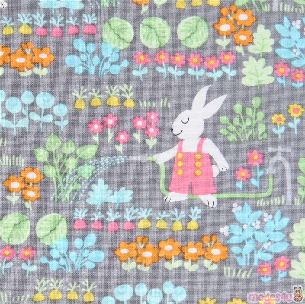 grey Michael Miller fabric rabbit animal small flower Bunnys Garden ...