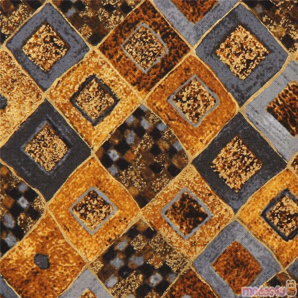grey brown diamond shape gold metallic fabric Robert Kaufman Gustav ...