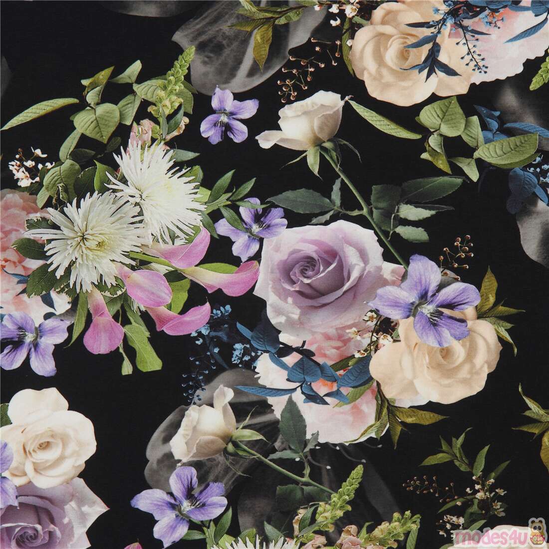 knit fabric in black with roses and flowers design Fabric by Japanese ...