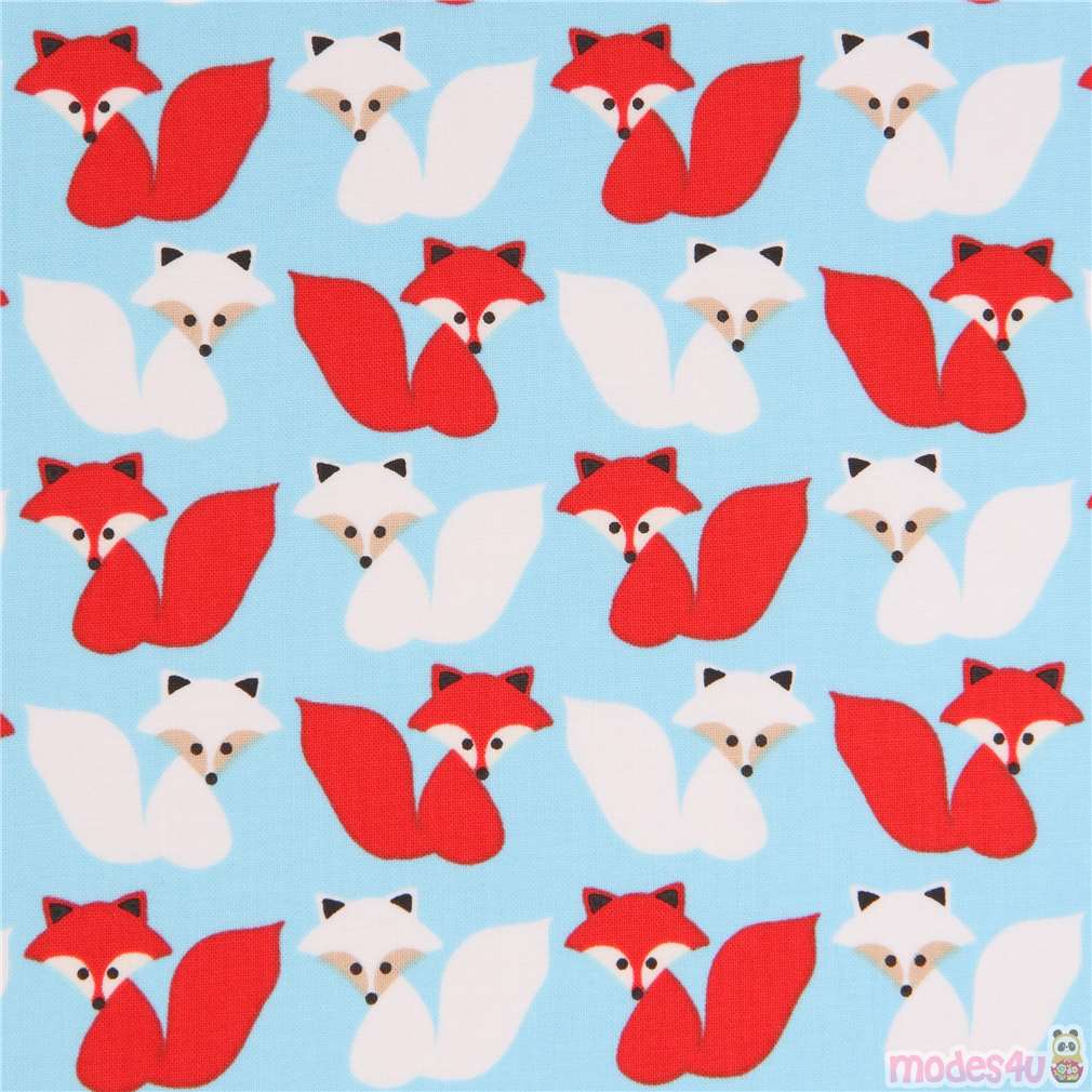 light blue Robert Kaufman fabric cute white red fox animal Fabric by ...