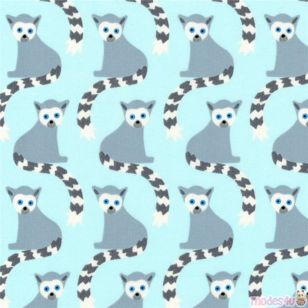 light blue Robert Kaufman fabric with grey lemurs Fabric by Robert ...