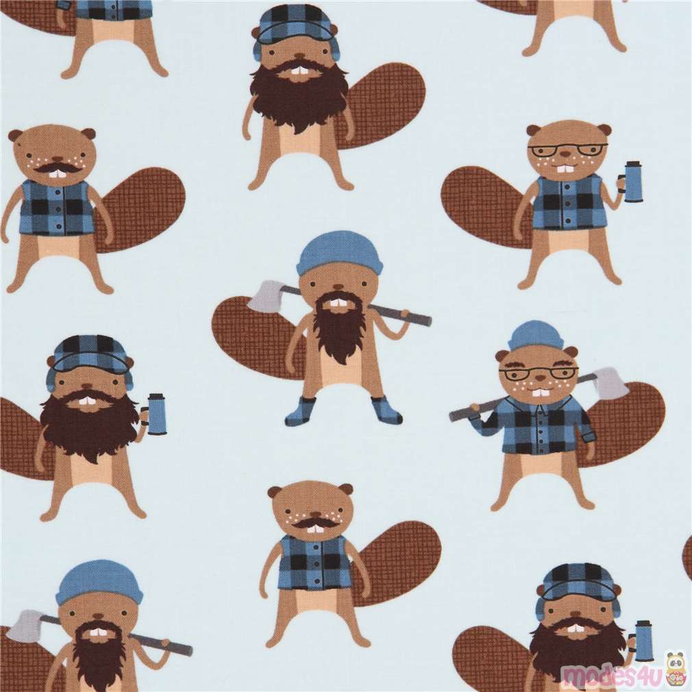 light blue funny lumberjack beaver Robert Kaufman fabric Burly Beavers ...