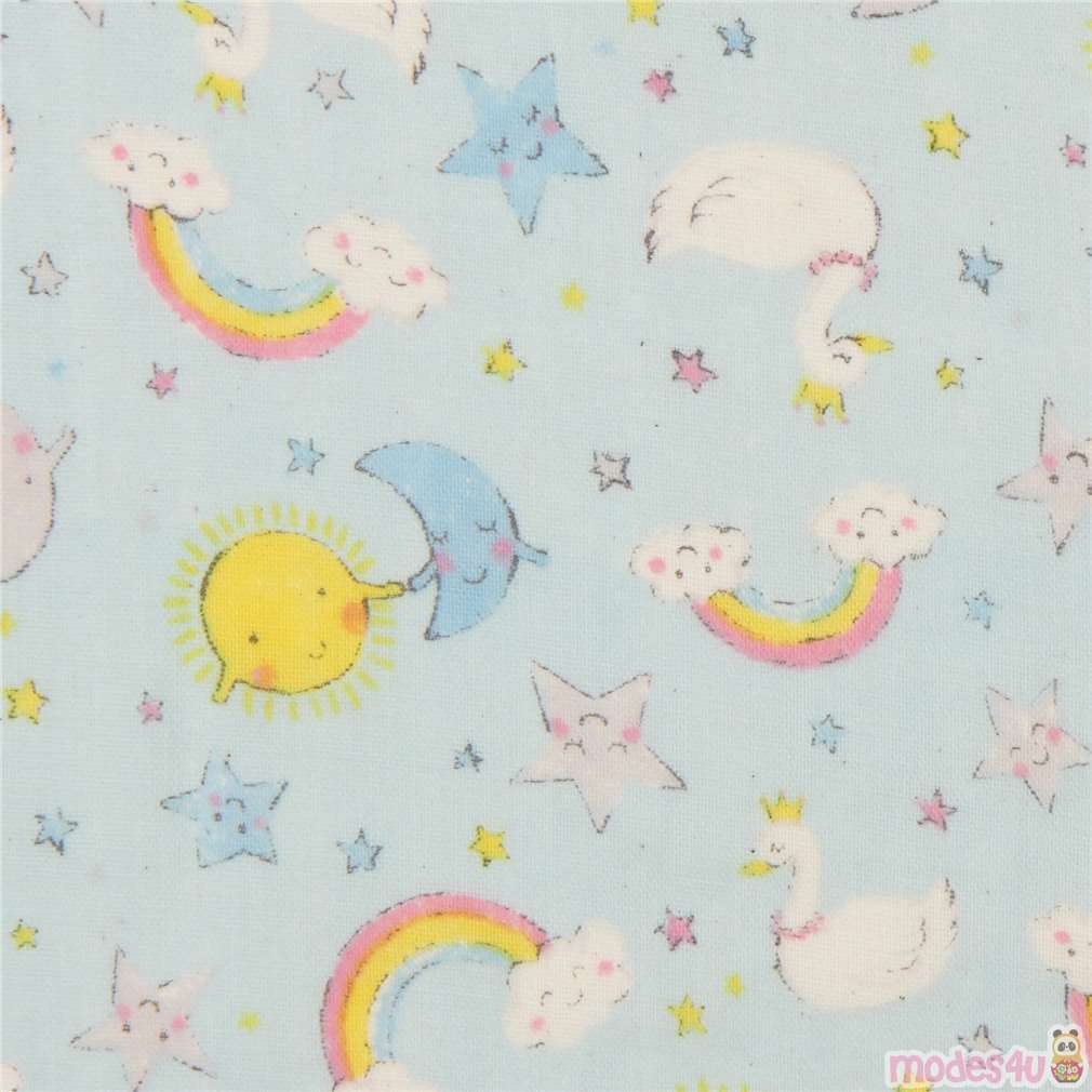 light blue swan and mini star Kokka double gauze fabric from Japan ...