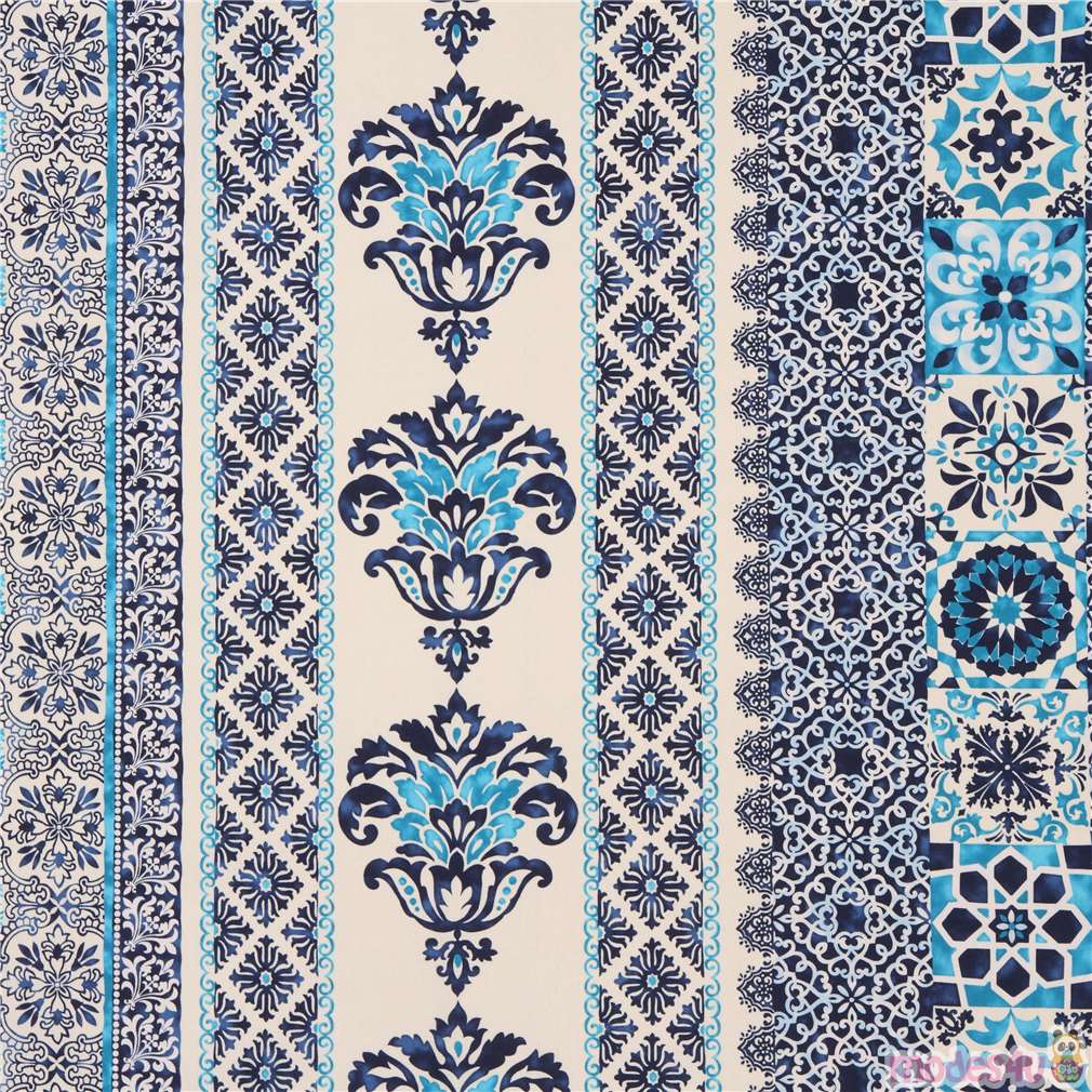 light cream Oxford fabric blue ornament pattern design from Japan ...