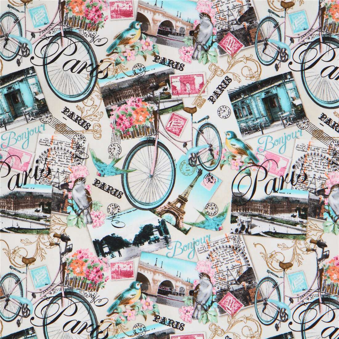 light cream Timeless Treasures fabric with Paris collage motif Fabric ...