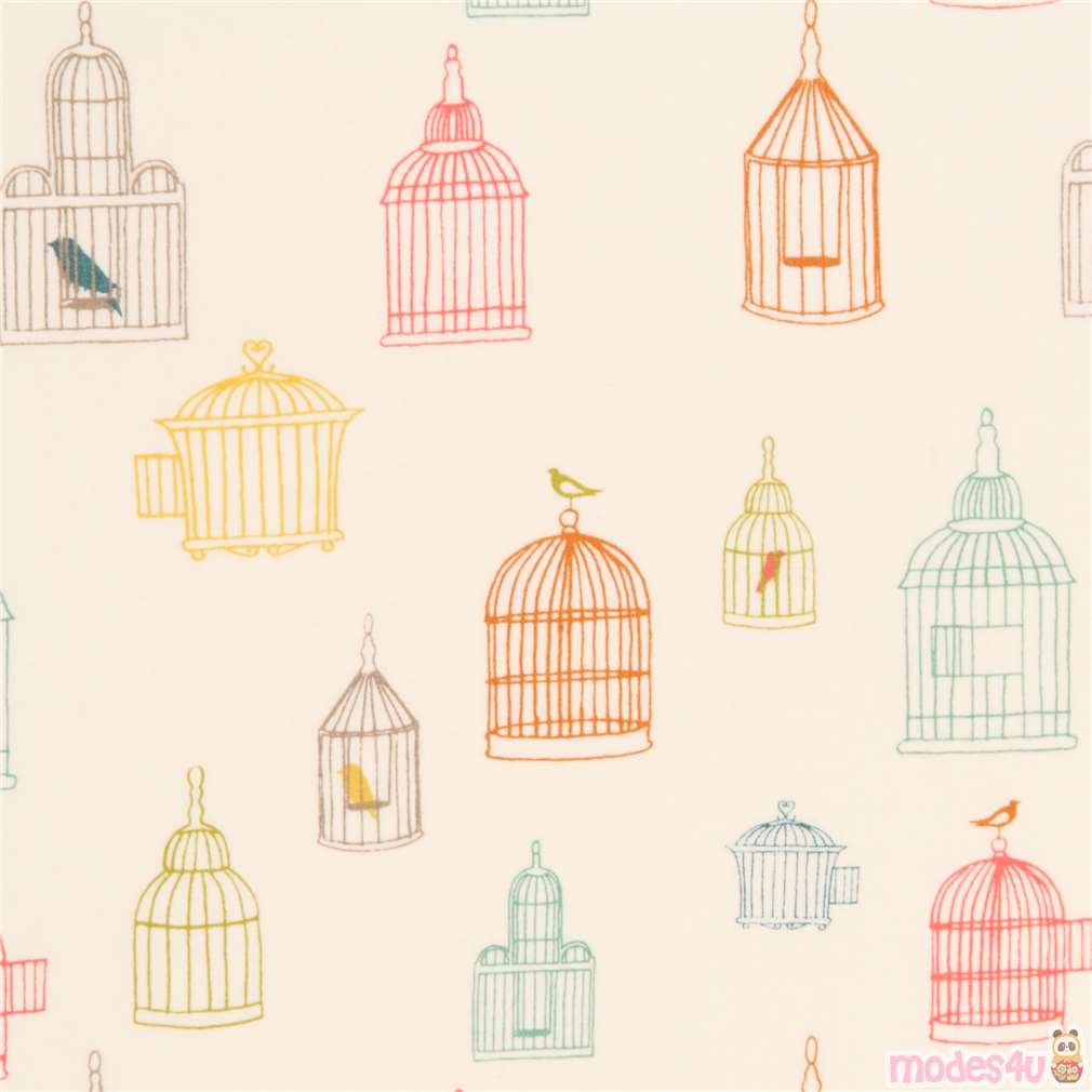 light cream colorful bird cage silhouette organic fabric by birch from ...