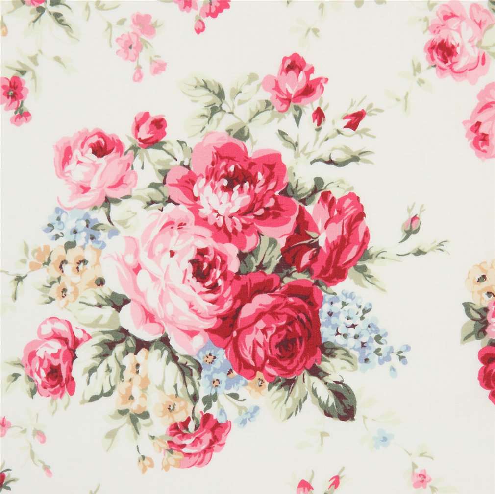 Remnant (45 x 110 cm) - light cream fabric with pink retro roses by ...