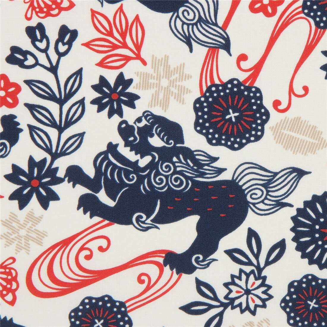 Remnant (13 x 110 cm) - light cream lion and flower fabric by Cosmo ...