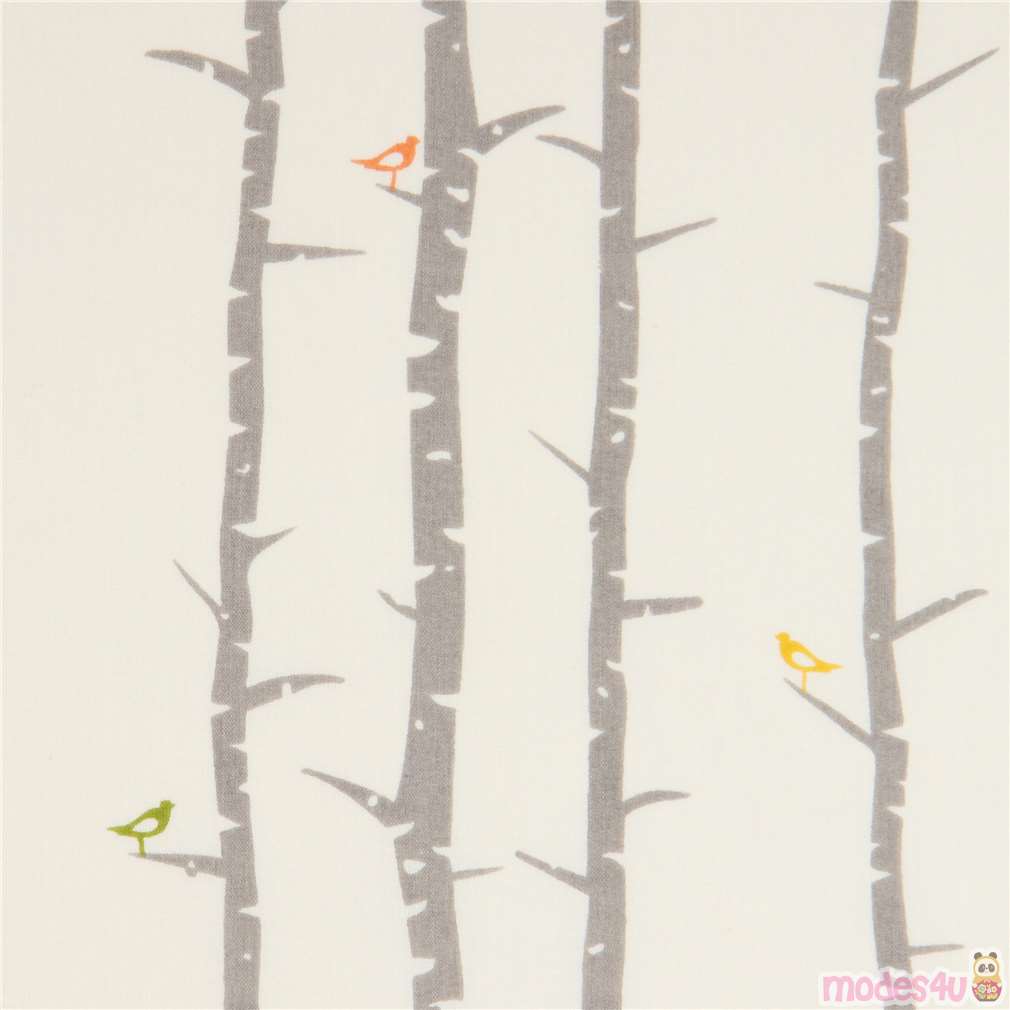 light cream with tree small bird animal birch organic fabric from the ...