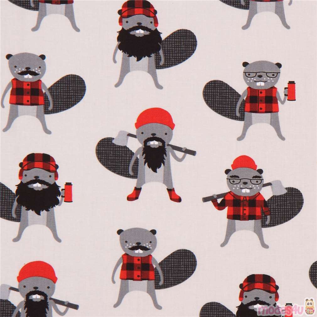 light grey funny lumberjack beaver Robert Kaufman fabric Burly Beavers ...