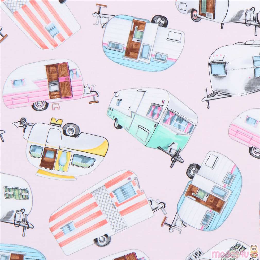 Remnant 35 cm - light pink fabric with colorful camper by Timeless ...