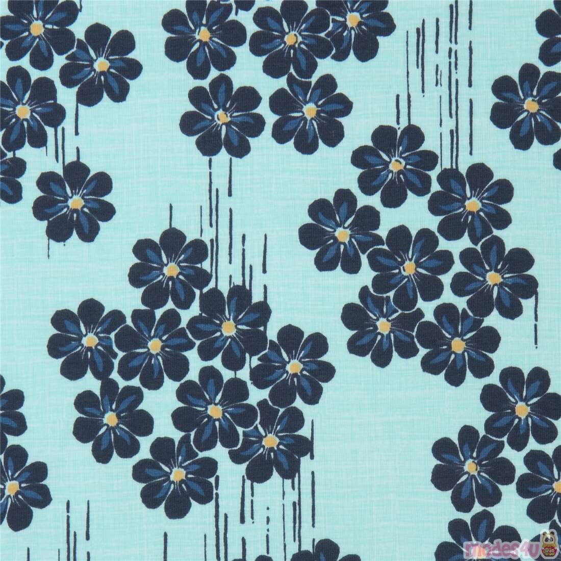 light turquoise Stof Fabrics knit fabric with navy blue flowers Fabric ...